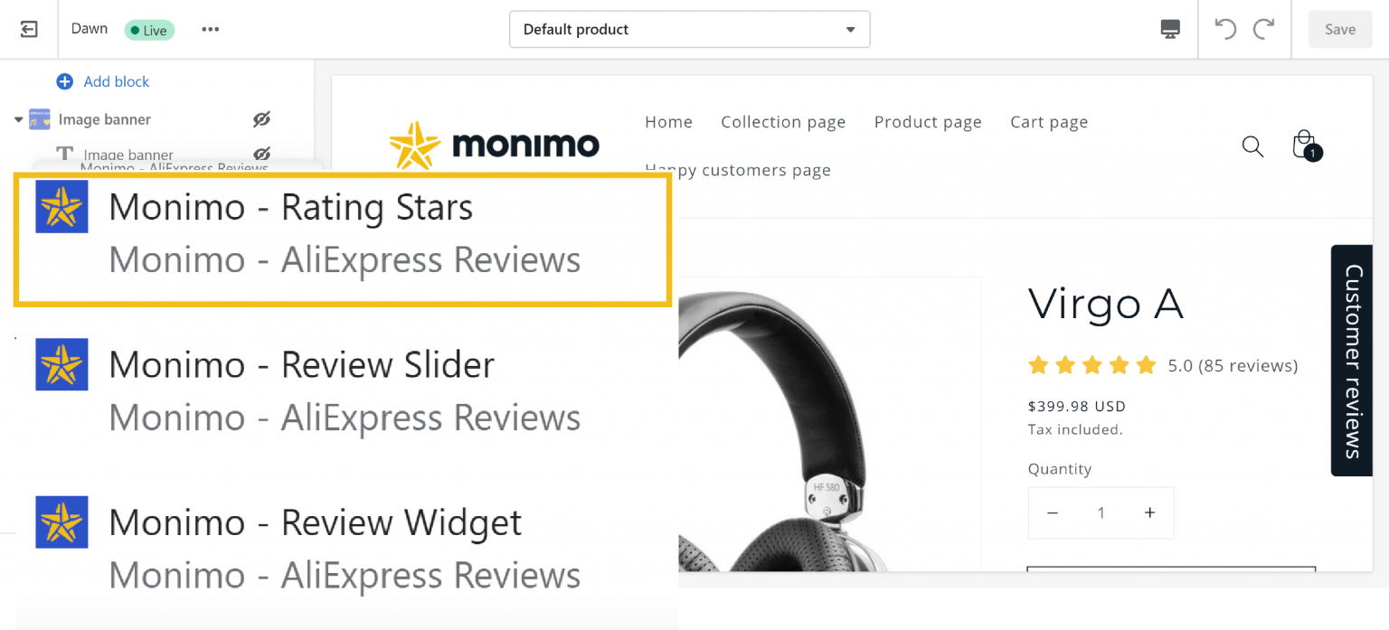 How to display Rating Stars in Online Store 2.0 – Monimo reviews app